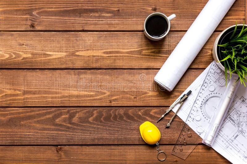 Engineer Wooden Working Desktop with Drawings Apartments Top View Stock ...