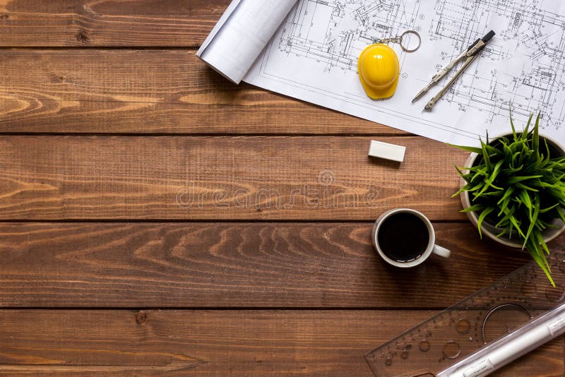 Engineer Wooden Working Desktop with Drawings Apartments Top View Stock ...