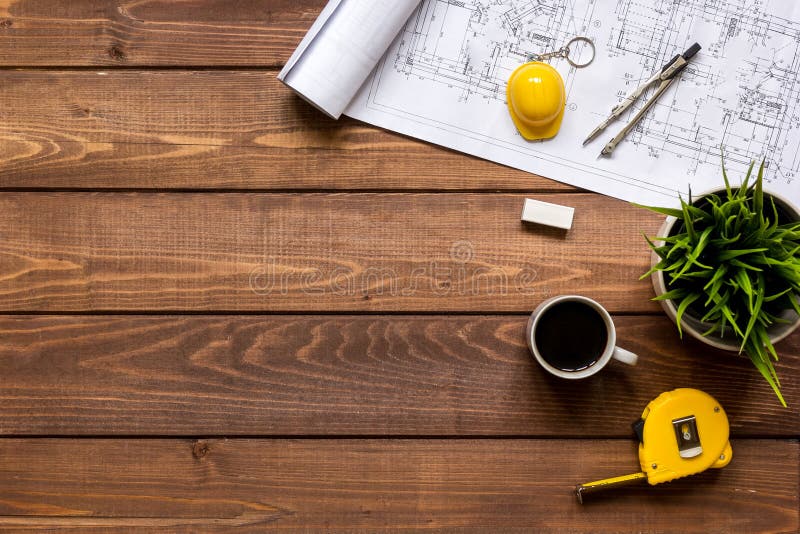 Engineer Wooden Working Desktop with Drawings Apartments Top View Stock ...