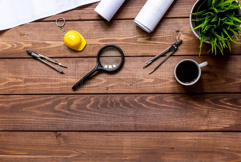 Engineer Wooden Working Desktop With Folded Paper Top View Stock Image ...