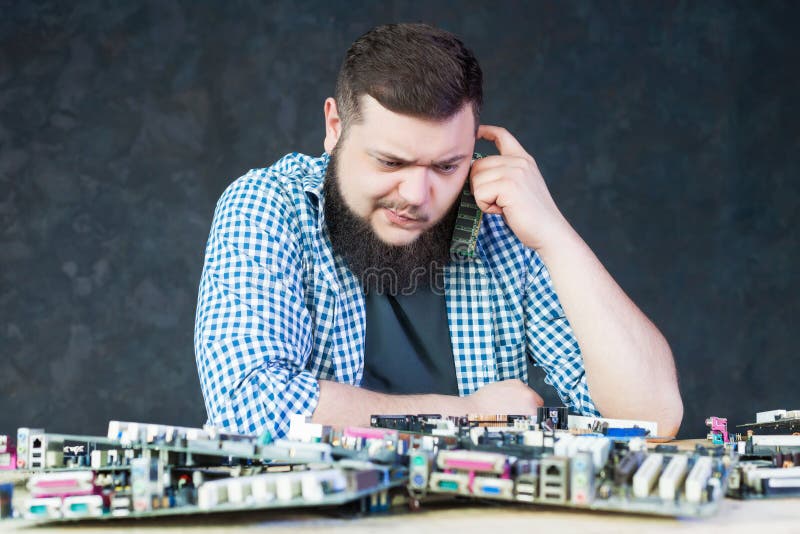 Engineer Work with Broken Computer Motherboard Stock Image - Image of ...