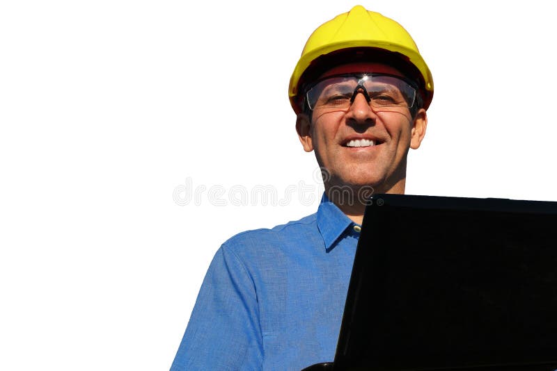 Engineer at Work with Laptop Computer Isolated Over a White Background ...