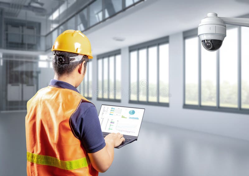 Engineer Work with Security Camera in Factory Stock Photo - Image of ...