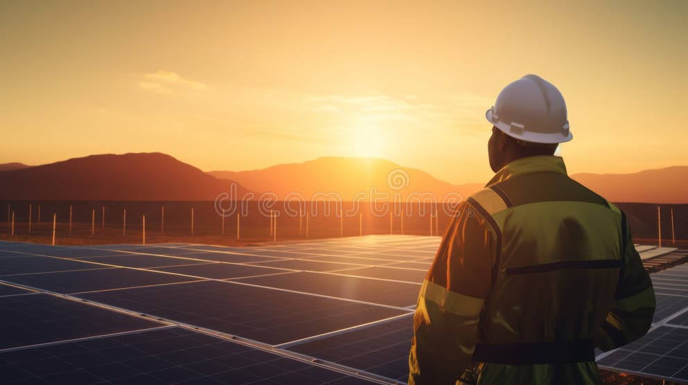 Engineer Worker Back View with Solar Panel at Solar Farm. Neural ...