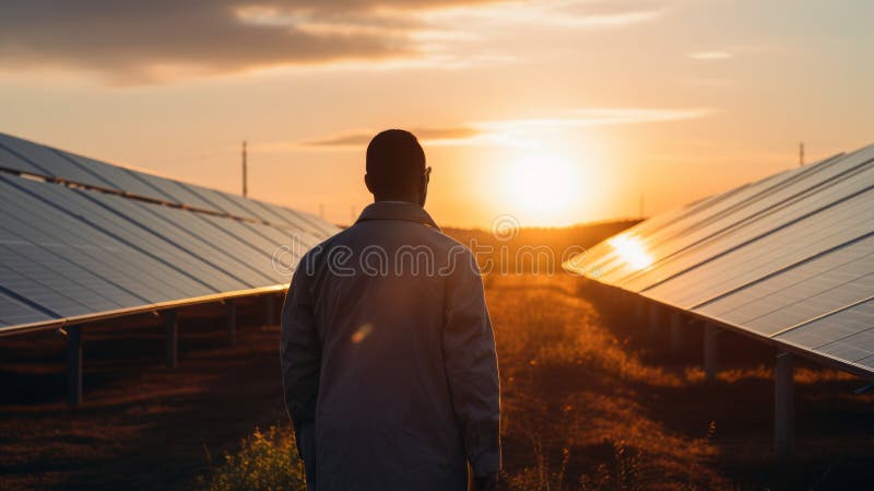 Engineer Worker Back View with Solar Panel at Solar Farm. Neural ...