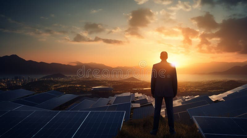 Engineer Worker Back View with Solar Panel at Solar Farm. Neural ...