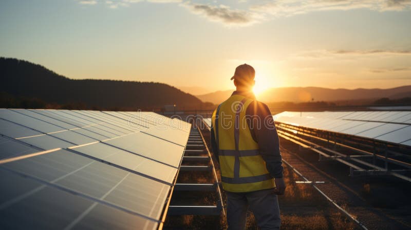 Engineer Worker Back View with Solar Panel at Solar Farm. Neural ...