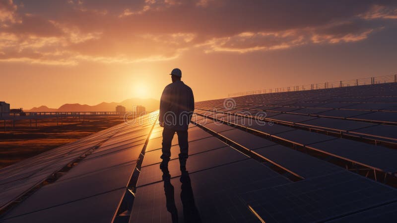 Engineer Worker Back View with Solar Panel at Solar Farm. Neural ...