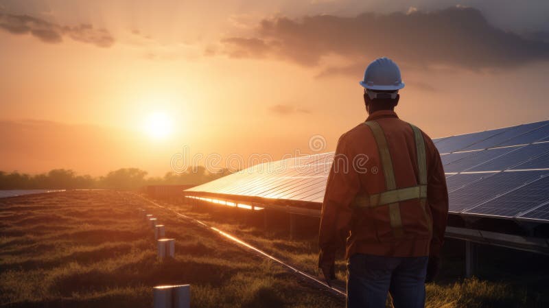 Engineer Worker Back View with Solar Panel at Solar Farm. Neural ...