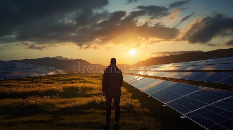 Engineer Worker Back View with Solar Panel at Solar Farm. Neural ...