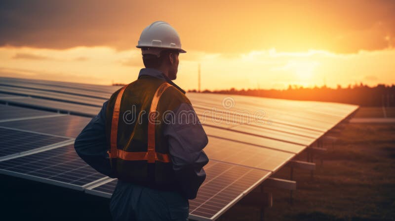 Engineer Worker Back View with Solar Panel at Solar Farm. Neural ...
