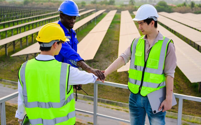 Engineer Worker Checking and Maintaining Solar Panels on Solar Cell ...