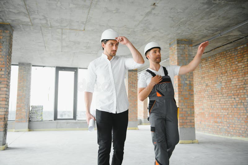 Engineer and Worker Checking Project at Building Site Background ...
