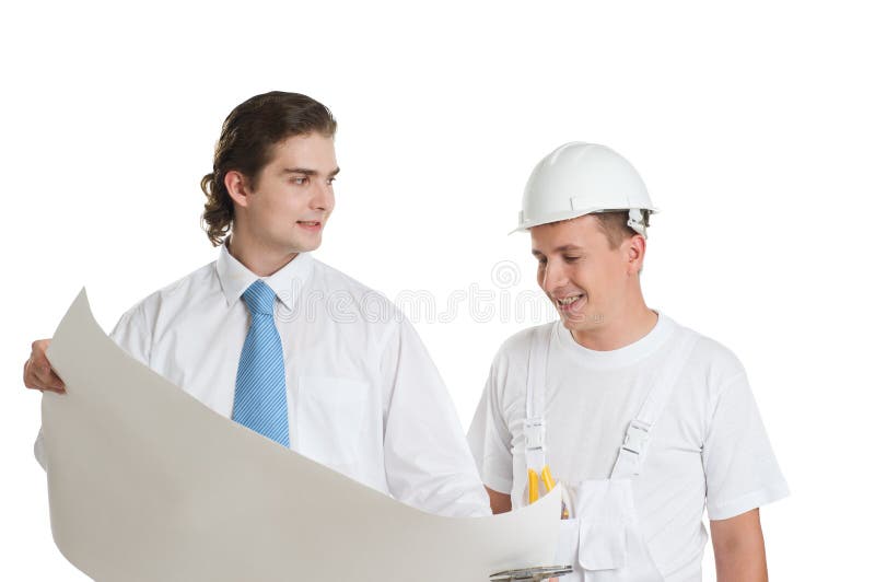 Engineer and Worker Discussing Stock Image - Image of blueprint ...