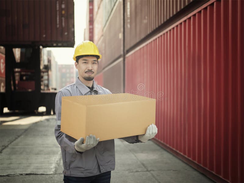 Engineer Worker Hold Cardboard Box Packaging on Product Quality Stock ...