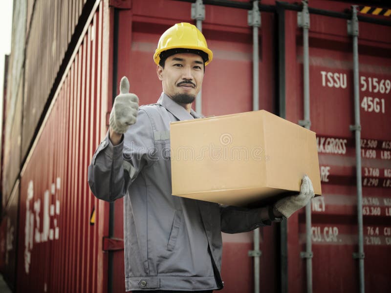 Engineer Worker Hold Cardboard Box Packaging Showing Thumbs Up Stock ...