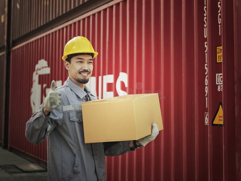Engineer Worker Hold Cardboard Box Packaging Showing Thumbs Up Stock ...