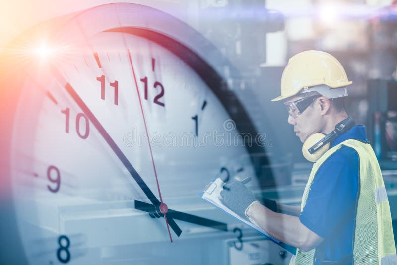 Engineer Worker Looking Service Check List in Factory Overlay with Time ...