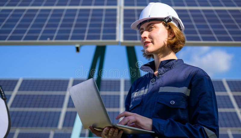 Engineer Worker Portrait with Solar Panel at Solar Farm Stock Image ...