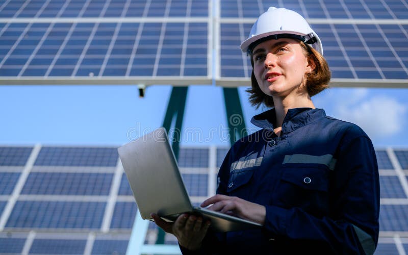 Engineer Worker Portrait with Solar Panel at Solar Farm Stock Image ...