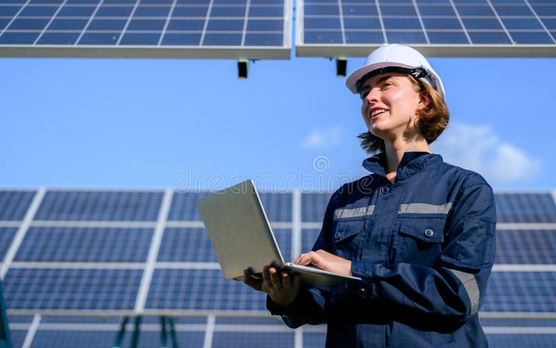 Engineer Worker Portrait with Solar Panel at Solar Farm Stock Photo ...