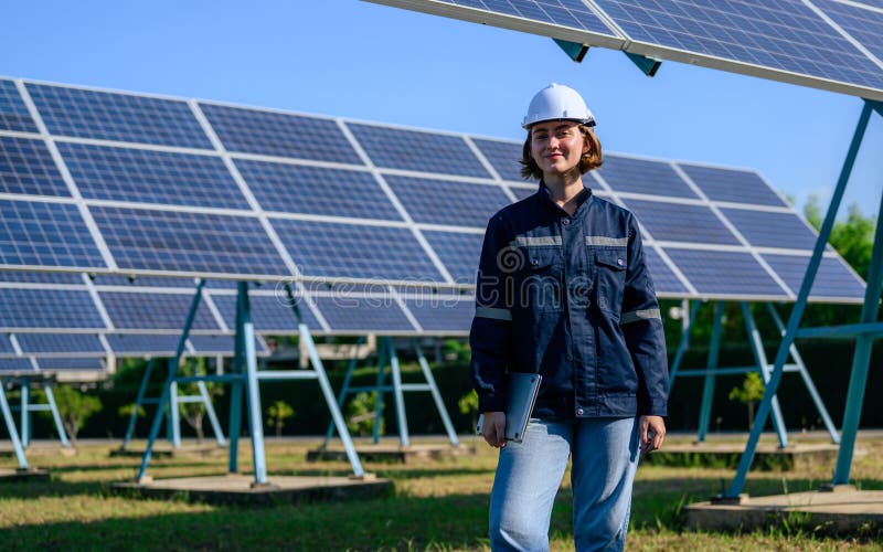 Engineer Worker Portrait with Solar Panel at Solar Farm Stock Photo ...