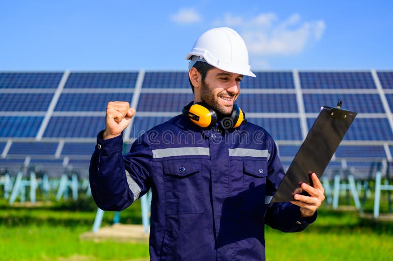 Engineer Worker Portrait with Solar Panel at Solar Farm Stock Image ...
