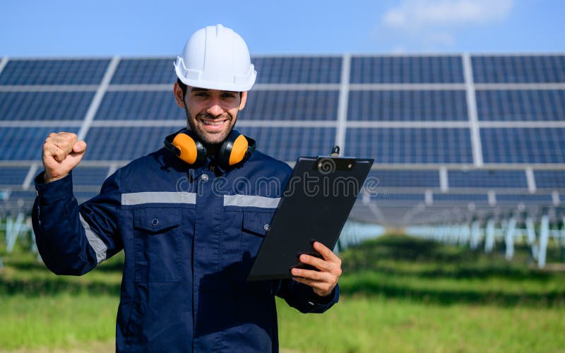 Engineer Worker Portrait with Solar Panel at Solar Farm Stock Image ...