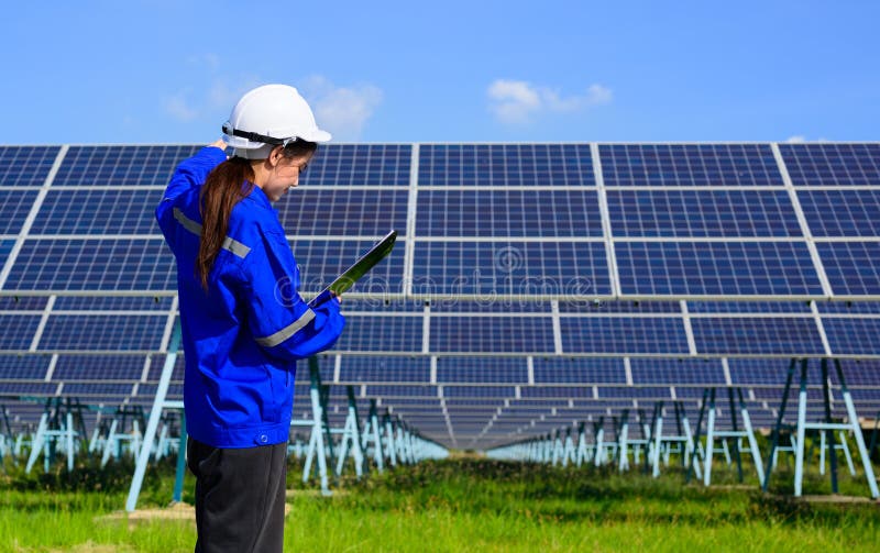 Engineer Worker Portrait with Solar Panel at Solar Farm Stock Image ...