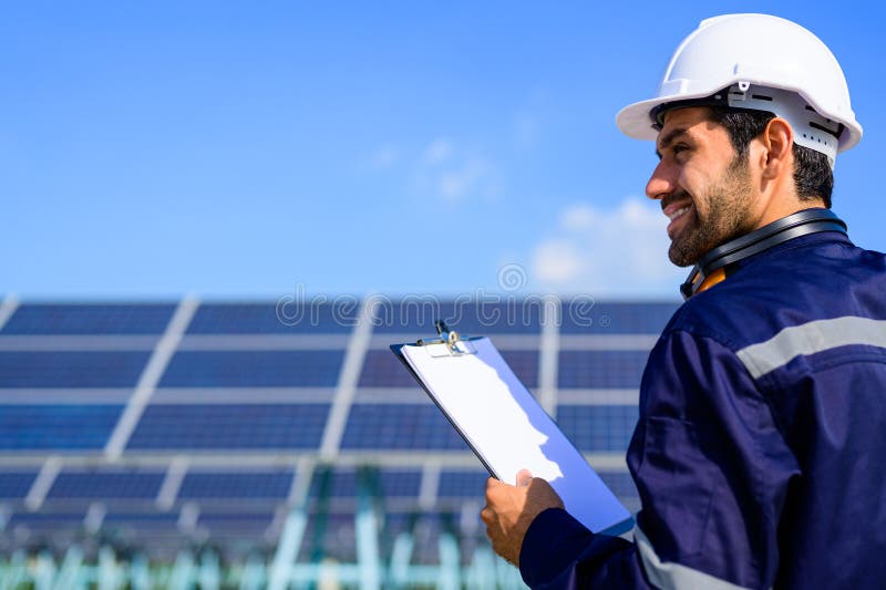 Engineer Worker Portrait with Solar Panel at Solar Farm Stock Image ...