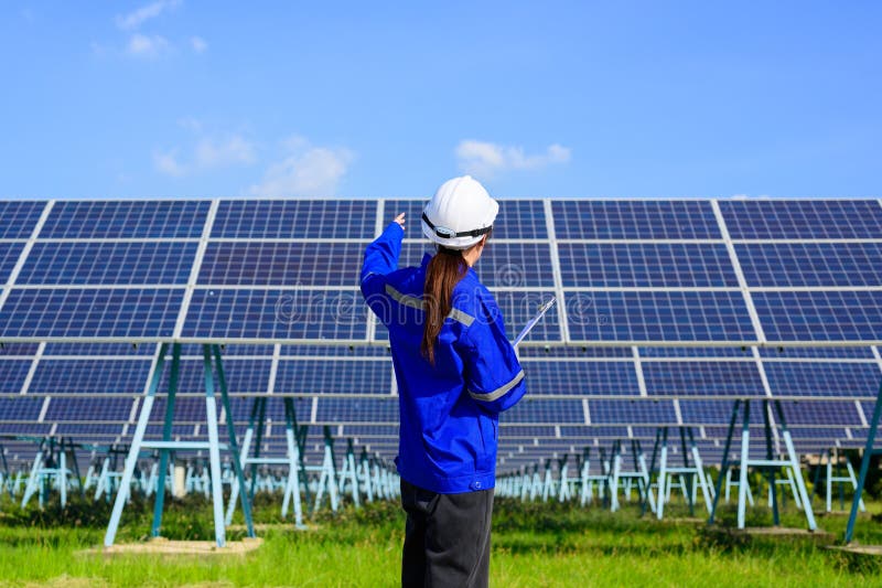 Engineer Worker Portrait with Solar Panel at Solar Farm Stock Photo ...