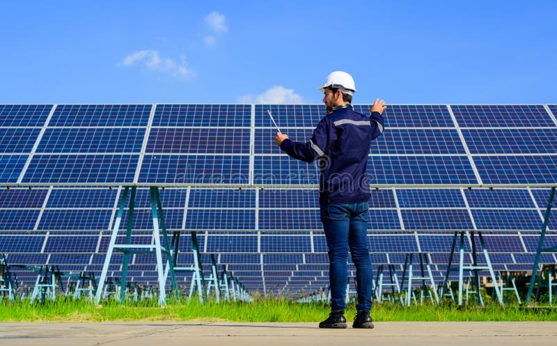 Engineer Worker Portrait with Solar Panel at Solar Farm Stock Image ...