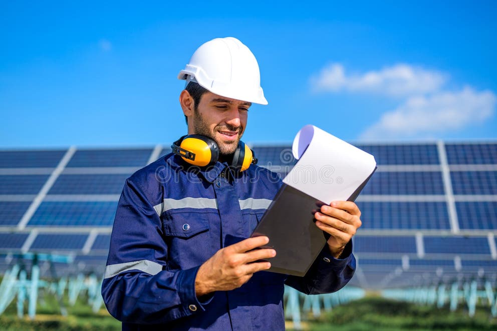 Engineer Worker Portrait with Solar Panel at Solar Farm Stock Photo ...