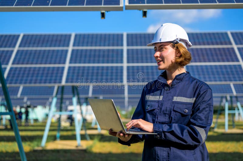 Engineer Worker Portrait with Solar Panel at Solar Farm Stock Photo ...