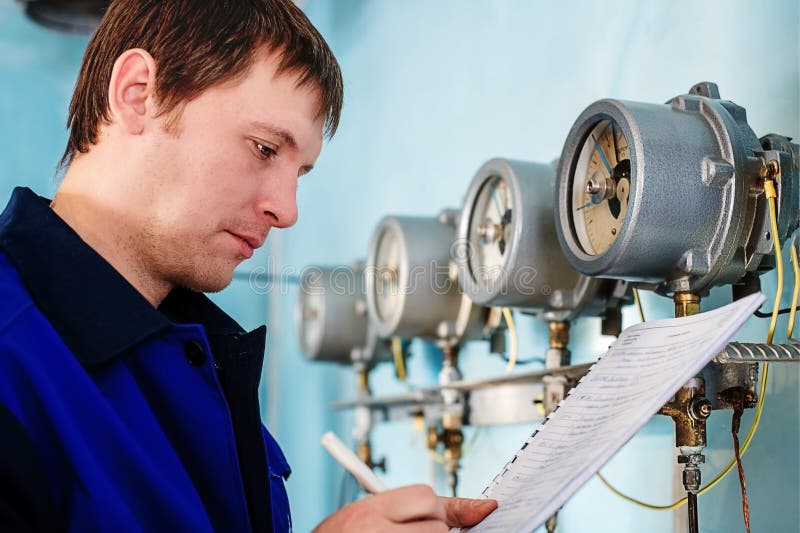 Engineer, Worker Registers Readings of Sensors and Pressure Gauges ...