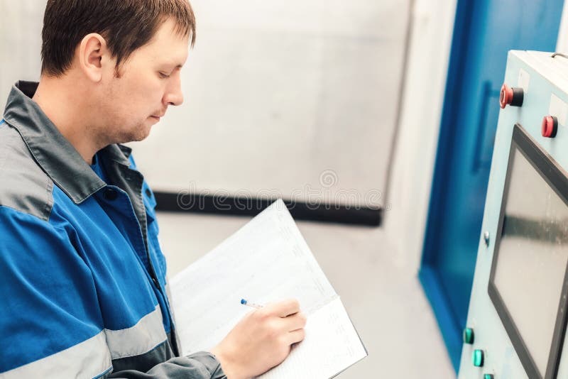 Engineer, Worker Registers Readings of Sensors and Pressure Gauges ...