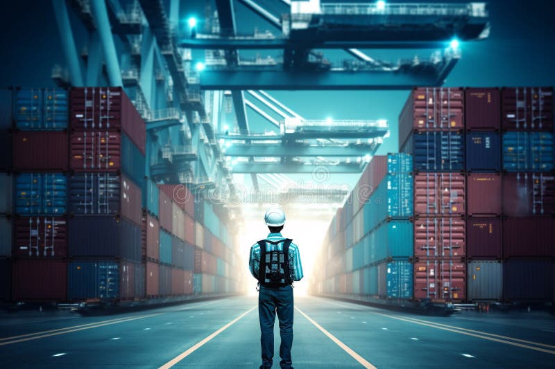 Engineer Worker Standing on Containers Terminal Background. Warehouse ...