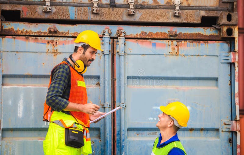 Engineer And Worker Team Checking Containers Box From Cargo Happiness