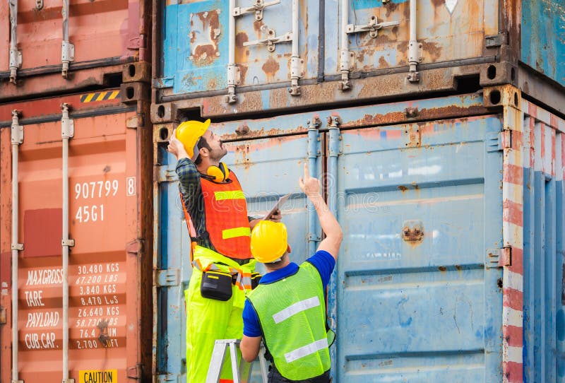 Engineer and Worker Team Checking Containers Box from Cargo, Teamwork ...