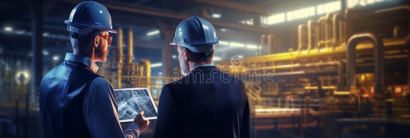 Engineer and Worker Use Tablet Stock Photo - Image of hardhat ...