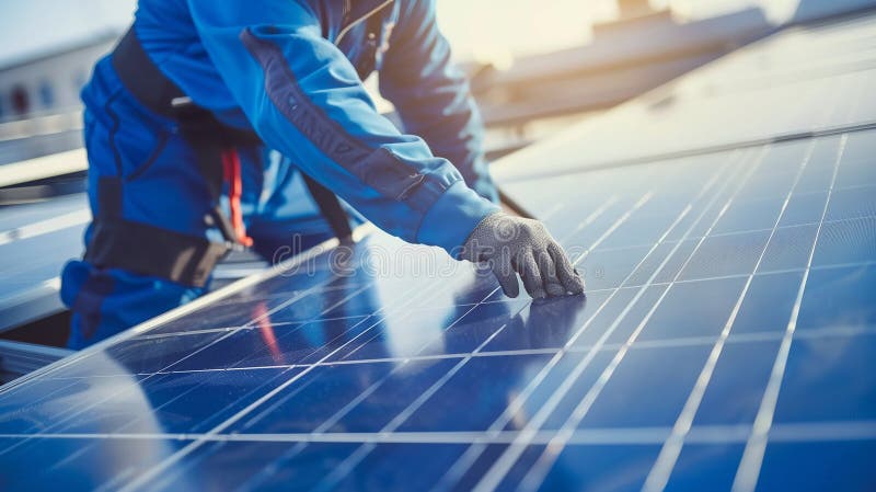 Engineer or Worker Work Installing Solar Cells on Solar Roof Panel ...