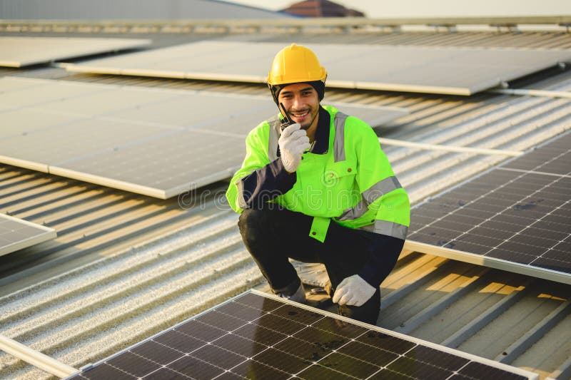 Engineer Worker Working at Solar Cell Power Plant with Sunset Stock ...