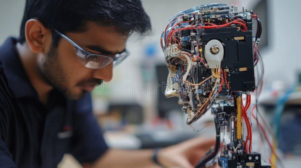 Engineer Working on Advanced Robotic Prototype in a High-tech Workshop ...