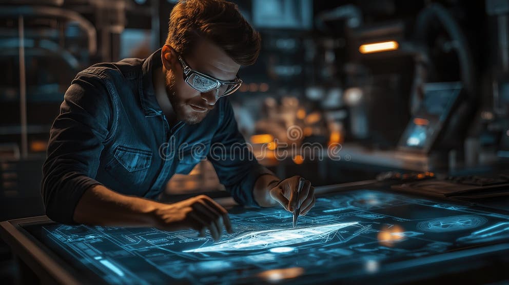 Engineer Working on Advanced Technology with Interactive Holographic ...