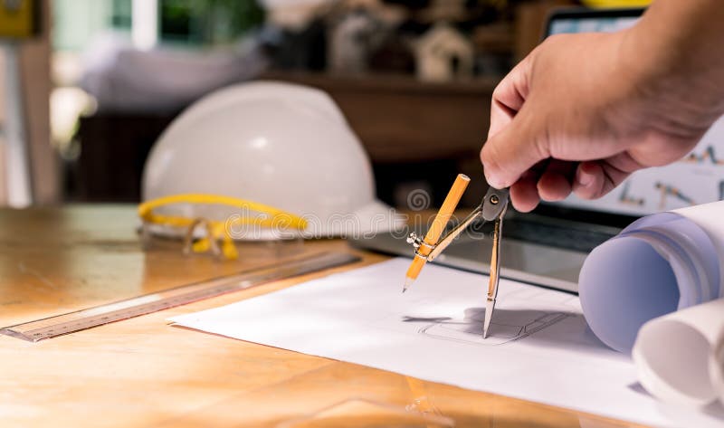 Engineer Working Alone at Construction Property Site. Architecture with ...