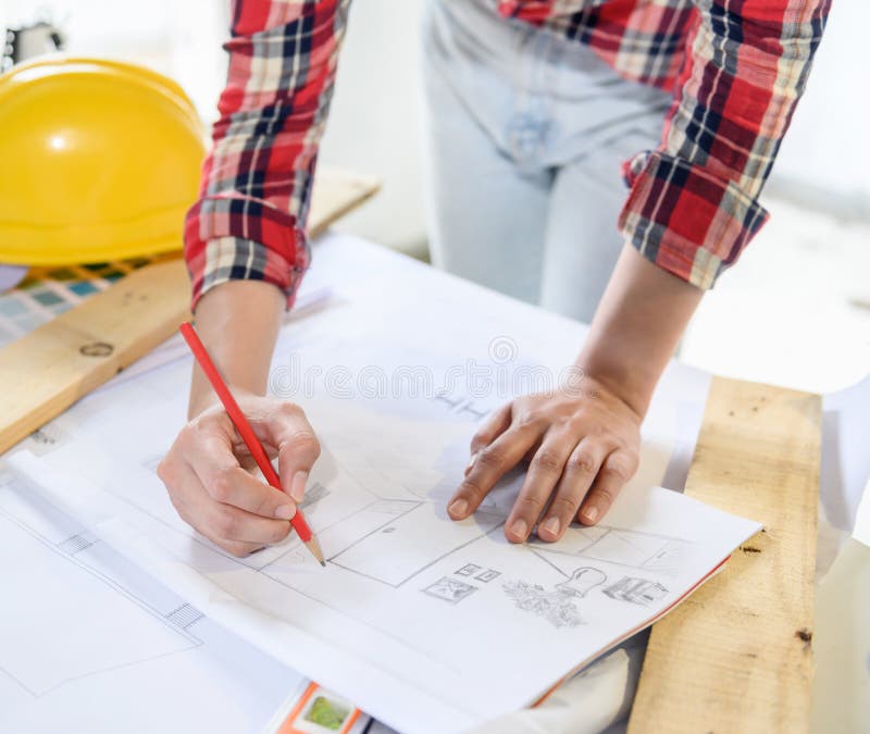 Engineer Working Alone at Construction Property Site. Architecture with ...