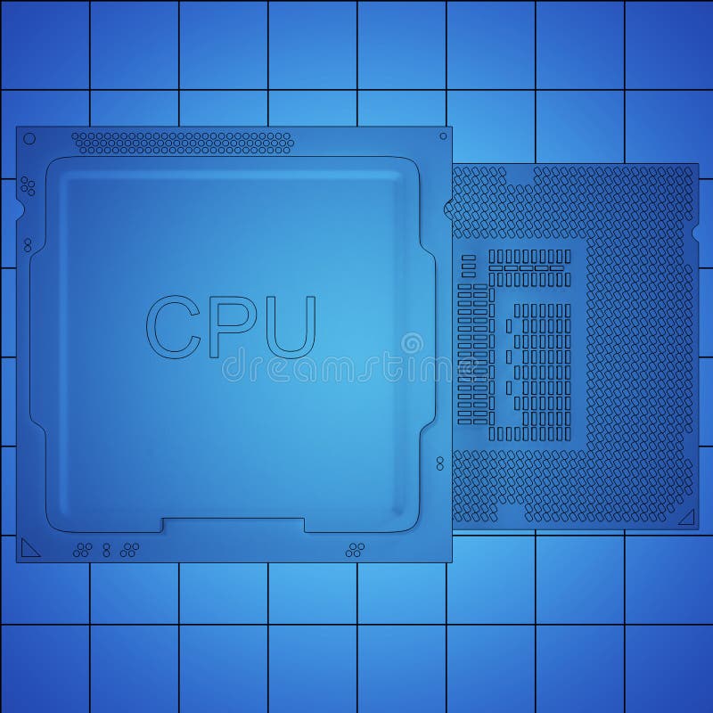 CPU Blue Print, Thin Line Illustration, Black Outline Symbol on Blue ...