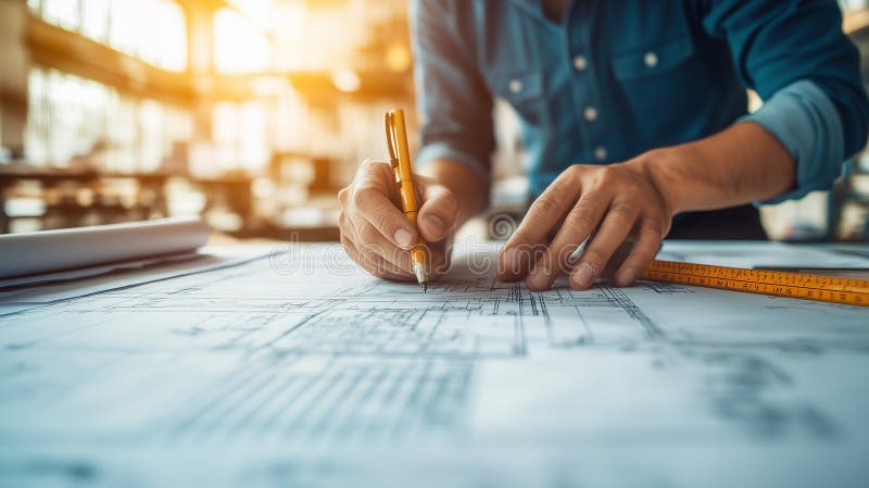 Engineer is Working on Blueprints with Pen and Ruler in Bright ...