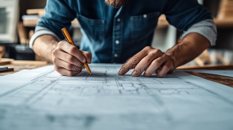 Engineer is Working on Blueprints with Pencil, Showcasing Detailed ...
