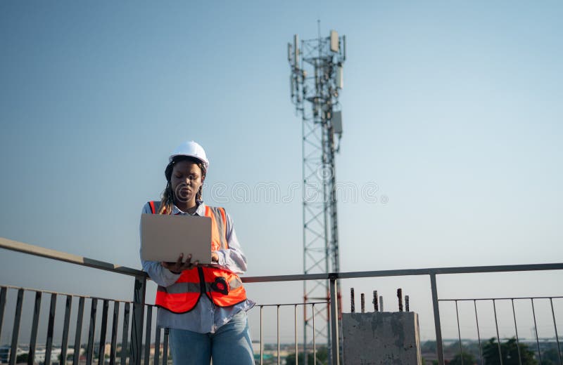Engineer Working on a Building Site the Telephone and Internet Network ...